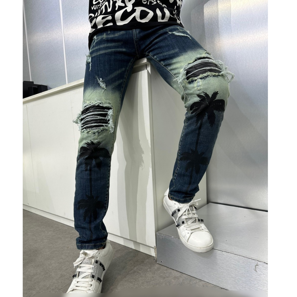 Amiri coconut tree jeans with big ripped knees, fashionable amiri ...