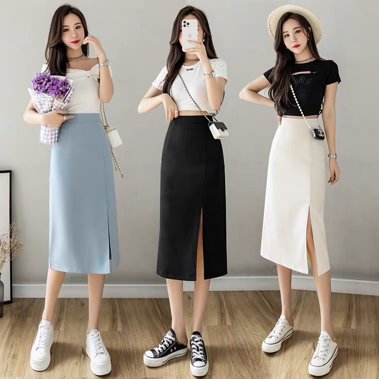 Long A-Line Skirt with Front Split, High Waist A-Line Office Skirt with 70 Split | Shopee Malaysia