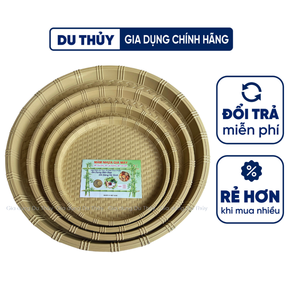 Round-shaped bamboo and rattan imitation plastic tray used as a ...
