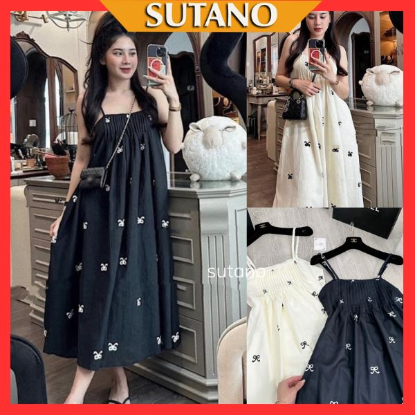 2-layer bow-patterned two-strap dress with adjustable buttons, 2-layer ...