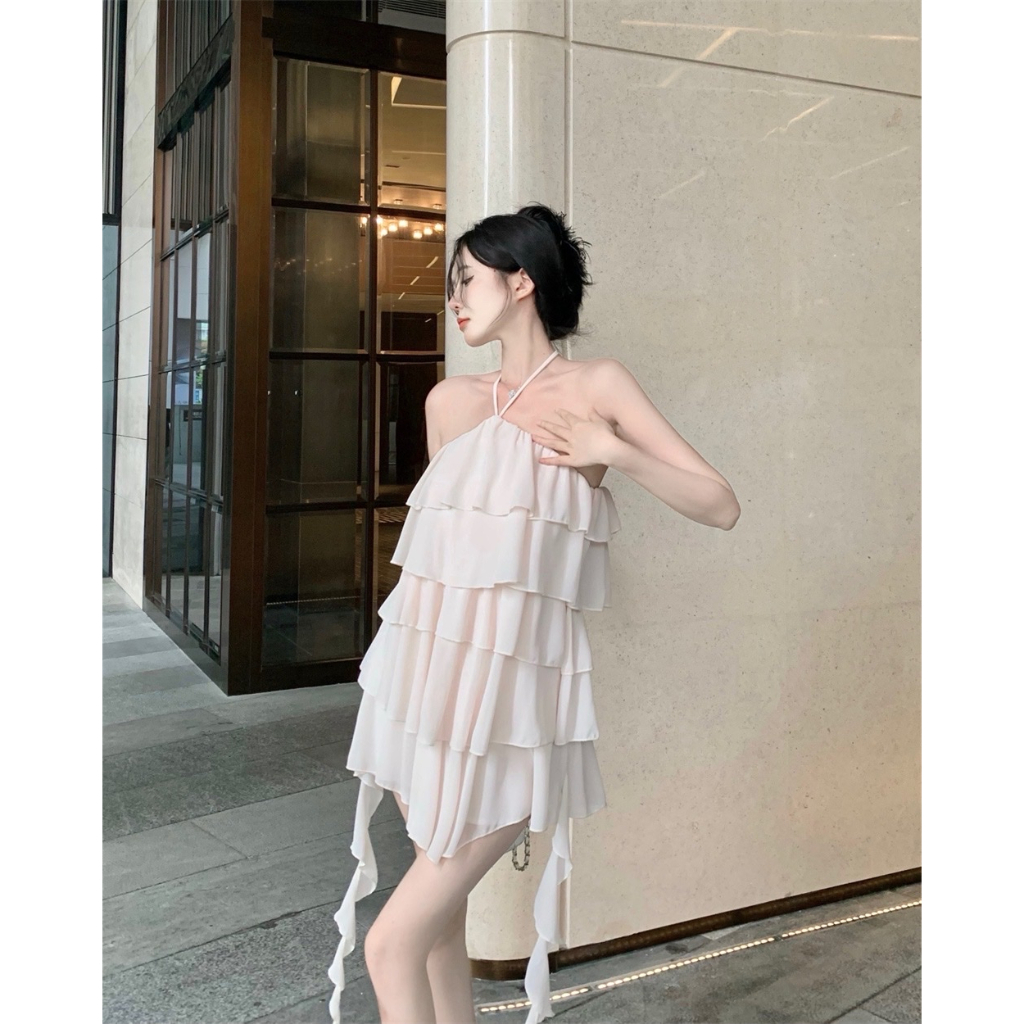 Luxury multi-layered flared two-strap dress with long tassels, 2 colors ...