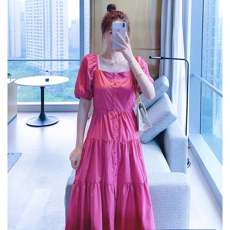 Pink dress with square collar and wrapped buttons (with real pictures ...