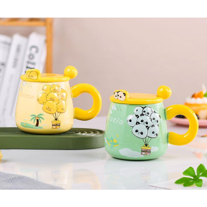 Ceramic Drinking Cup Printed with Many Cute Graphics with Lid and Spoon ...