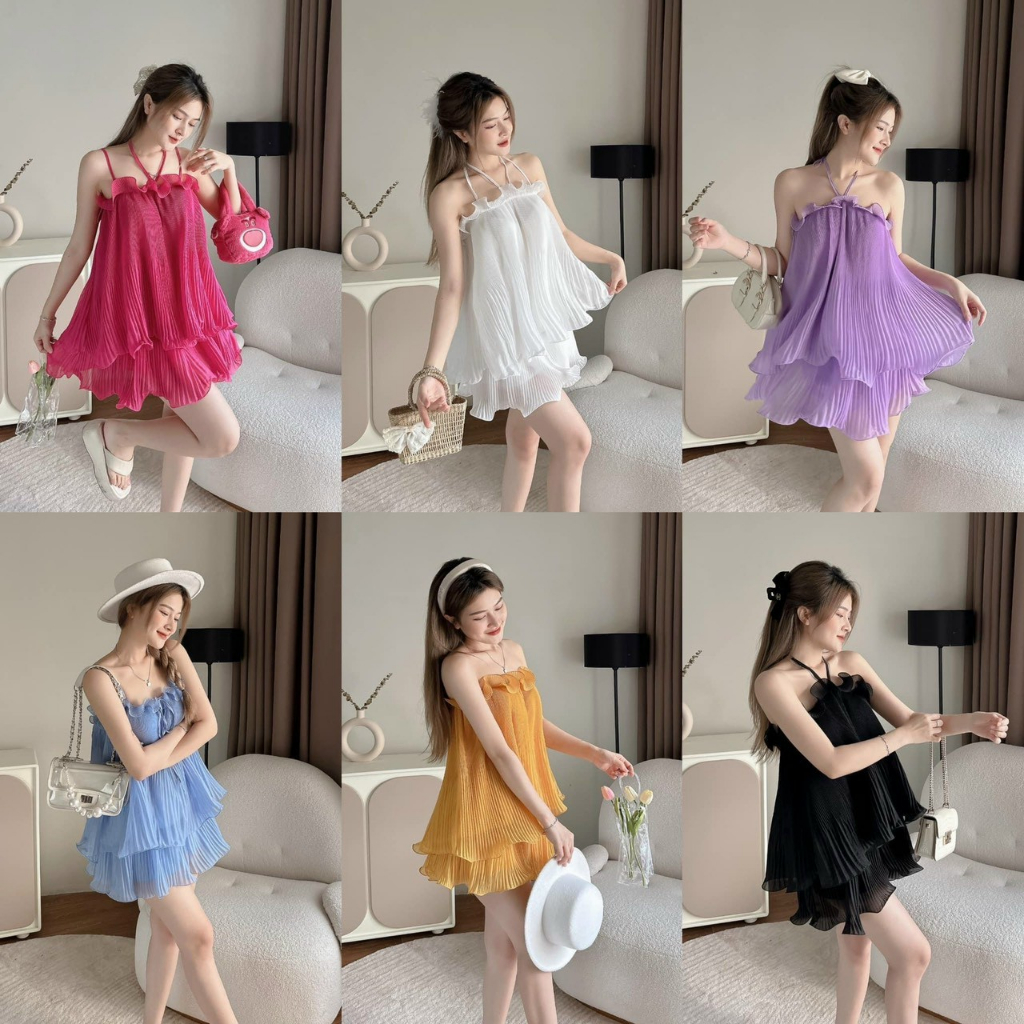 Set of 2-shoulder ruffle top with pleated skirt made of airy, super ...