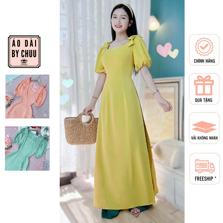 Modern floral ao dai for women with puffed sleeves and bow shoulders ...
