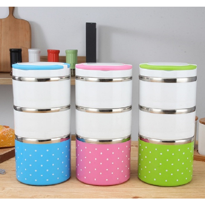3-layer, 2-layer, 1-layer polka dot lunch box with handle. Separate 3 ...