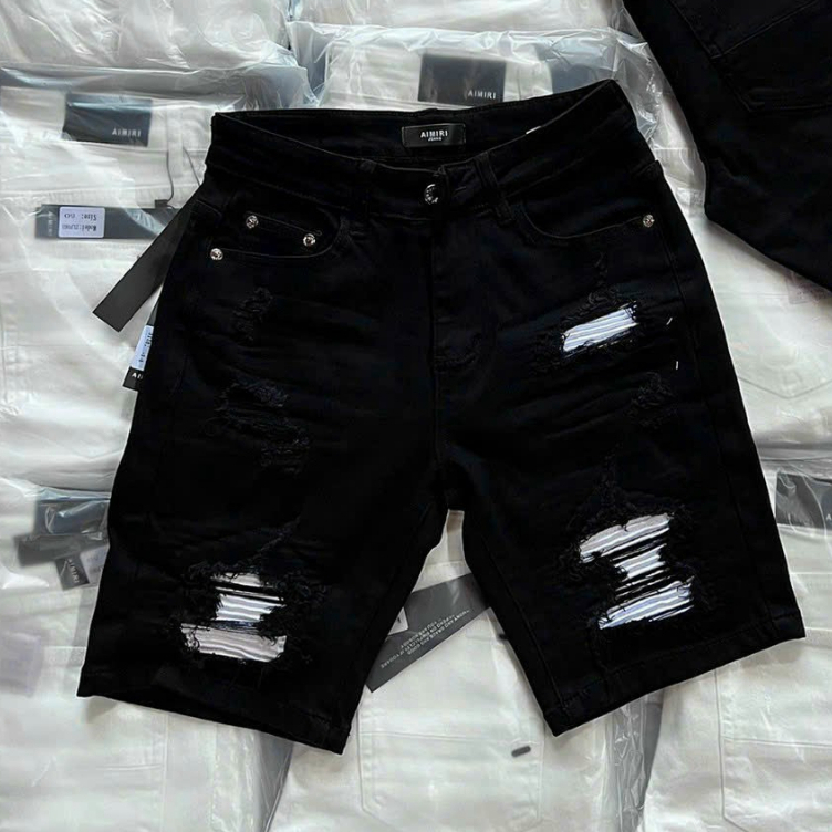 Men's black jean shorts with ripped knees and patched leather, hot new ...