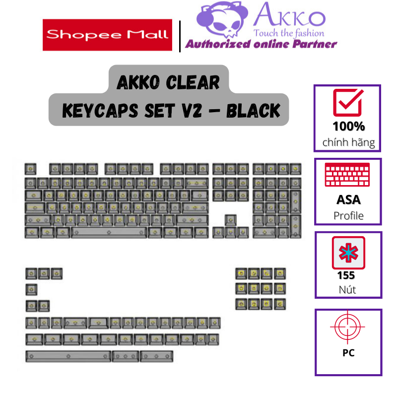 Akko Clear Keycaps Set v2 - Black (PC / ASA profile / 155 Buttons ...