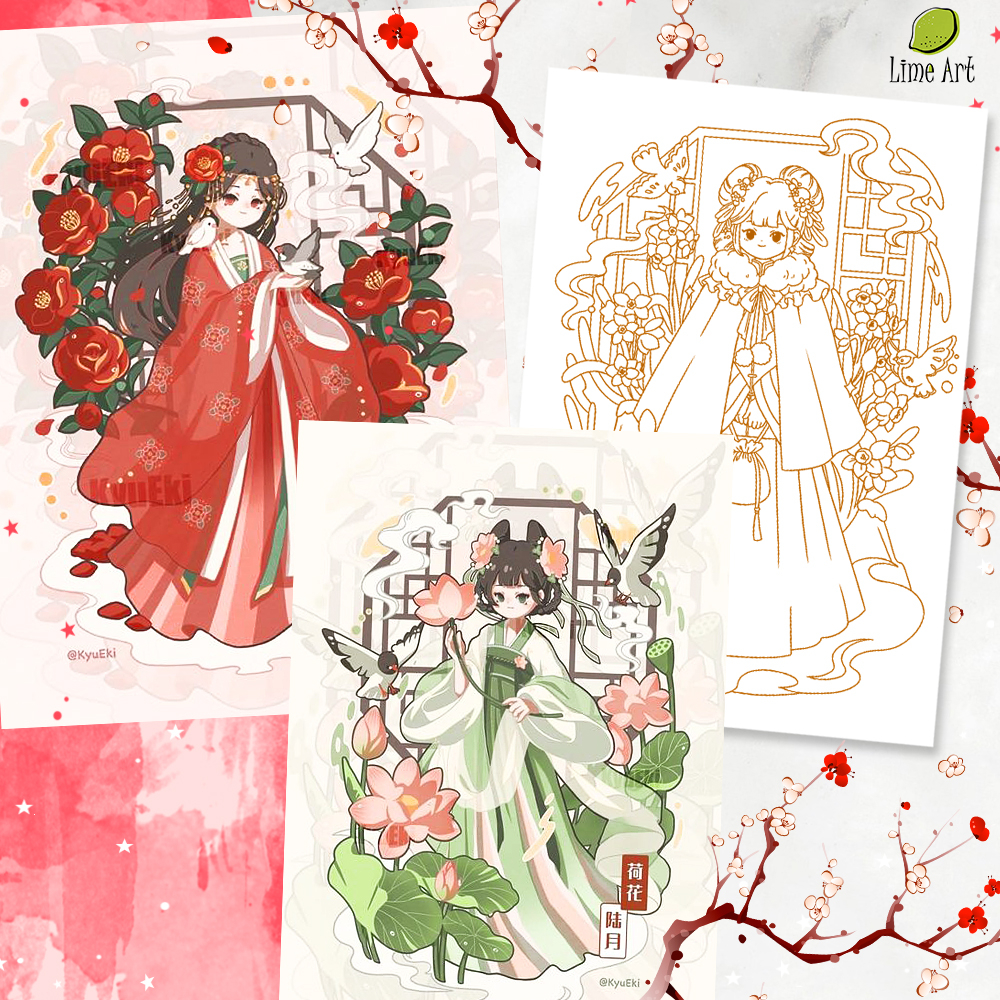 Ancient chibi watercolor painting by artist KyuEki / Line Art / A5 A4 ...