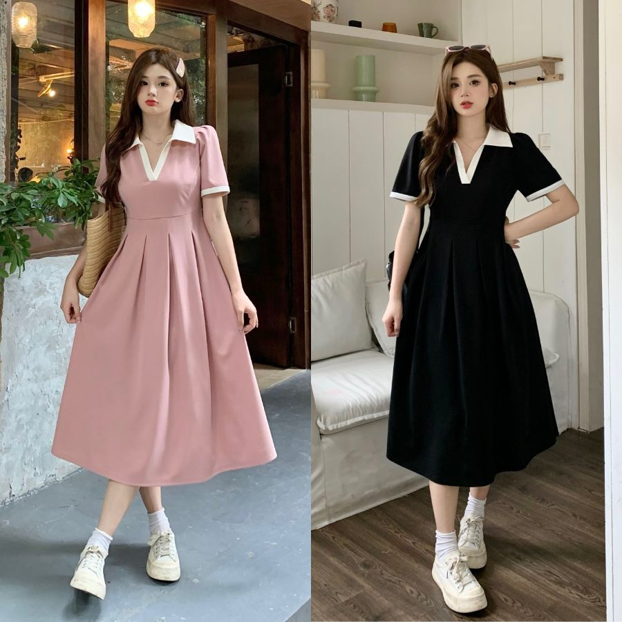 Women's big-size lady's dress with long flared collar and ribbed fabric ...