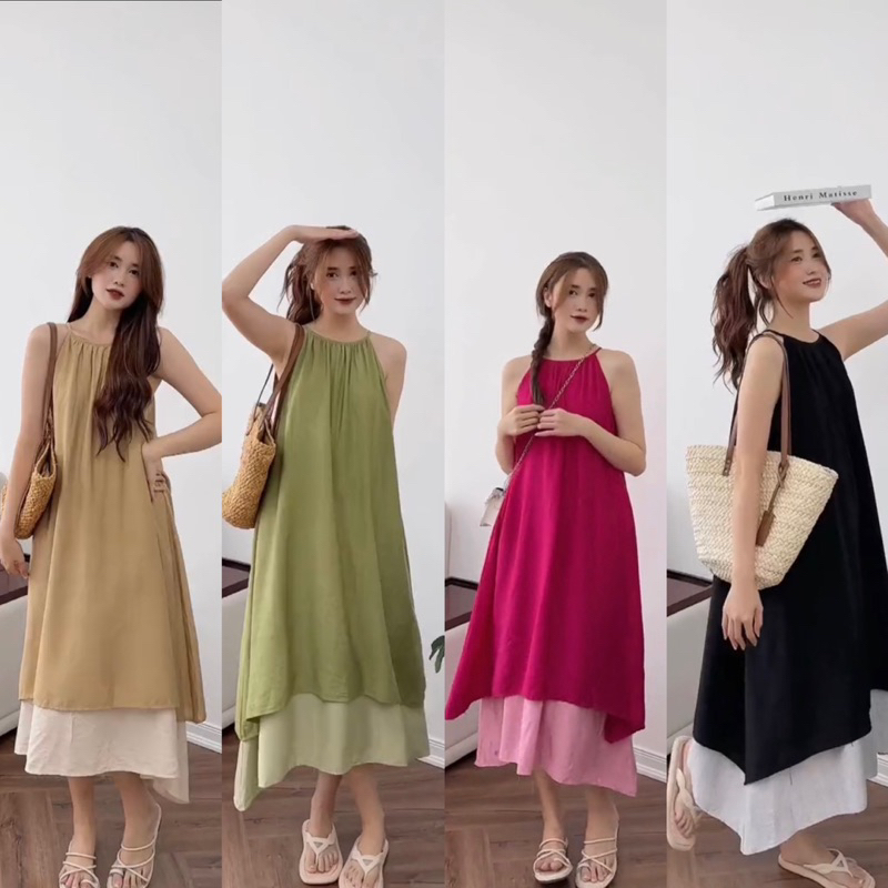 2-layer Fishtail Collar Dress with Wide Flare 5 Cool Colors | Shopee ...