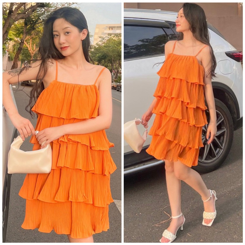Orange pleated two-strap dress (with real pictures) | Shopee Malaysia