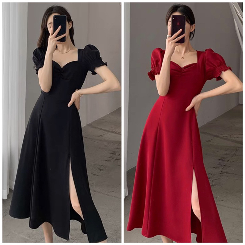 Dress with split chest flaps in 2 colors red and black | Shopee Malaysia