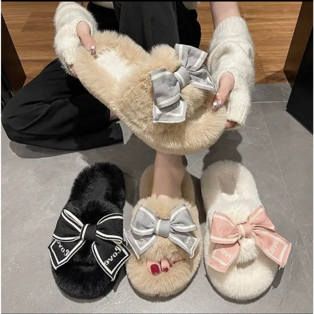 Fur slippers with bows on 2cm and 5cm soles, standard form | Shopee ...