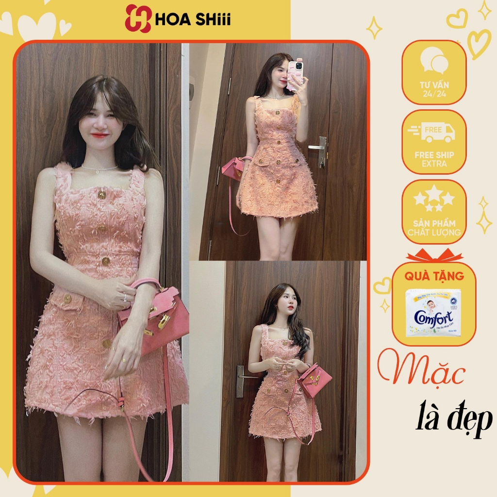 Pink two-strap dress with copper buttons for going out, luxuriously ...