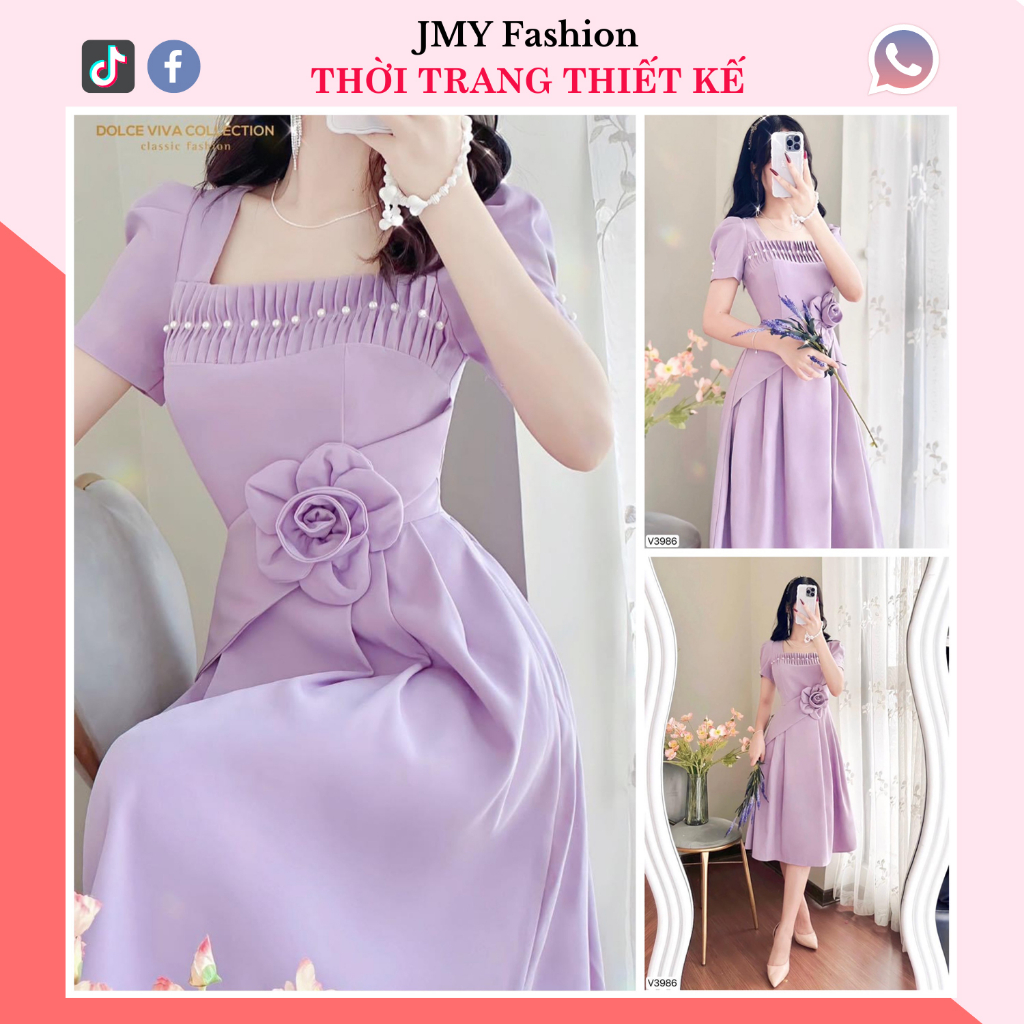 V3986 Luxurious pearl-embellished square neck purple flared dress ...