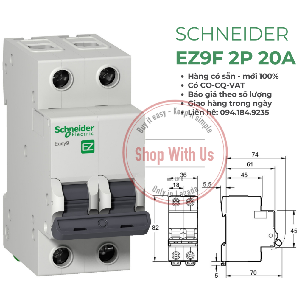 Ez9f34220 - Easy9 miniature circuit breaker- 2P - 20A - Aptomat CB Schneider MCB EZ9F 2P 20A 4 ...