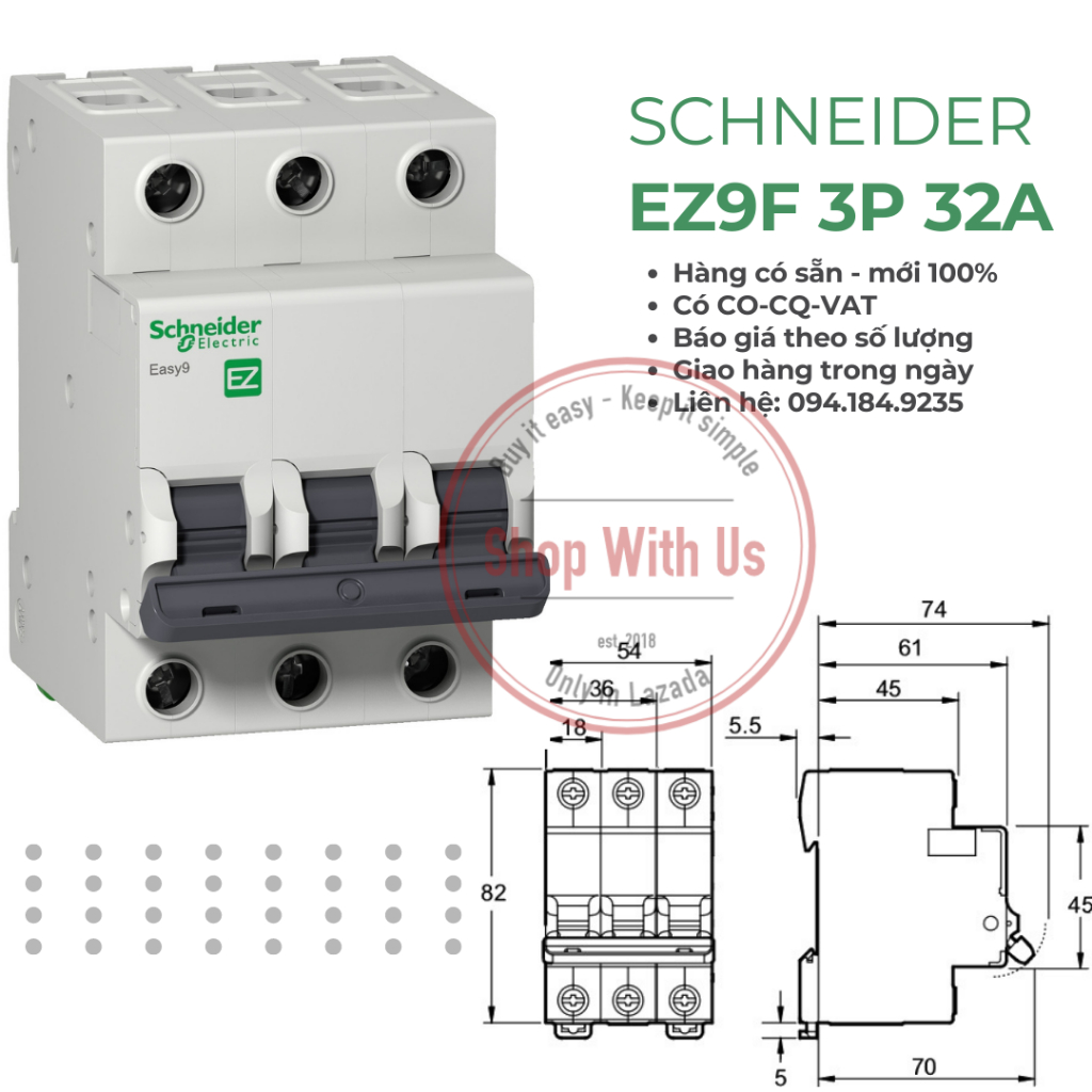 Ez9f34332 - Easy9 miniature circuit breaker- 3P - 32A - Aptomat CB Schneider MCB EZ9F 3P 32A 4 ...