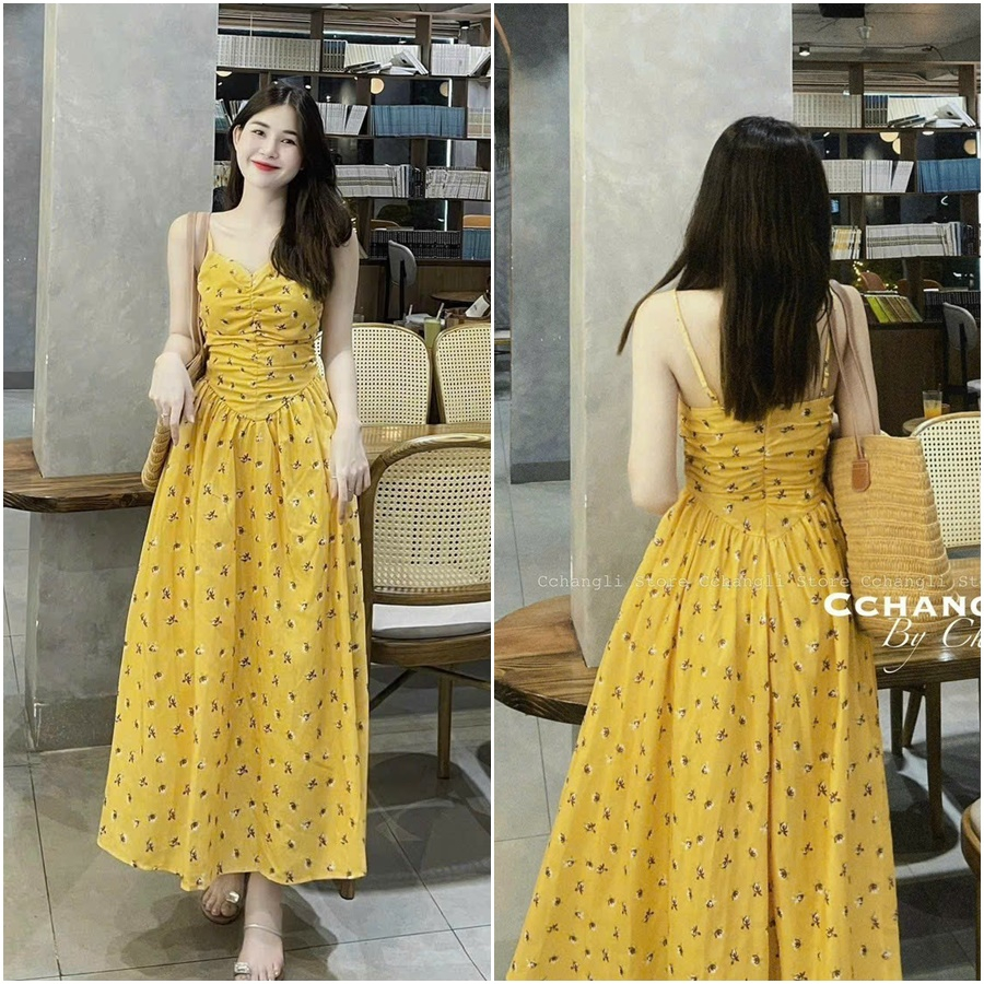 Yellow Ruffled Chiffon Dress Running MOCKING Back Body (Muffin, With Foam Lining) | Shopee Malaysia