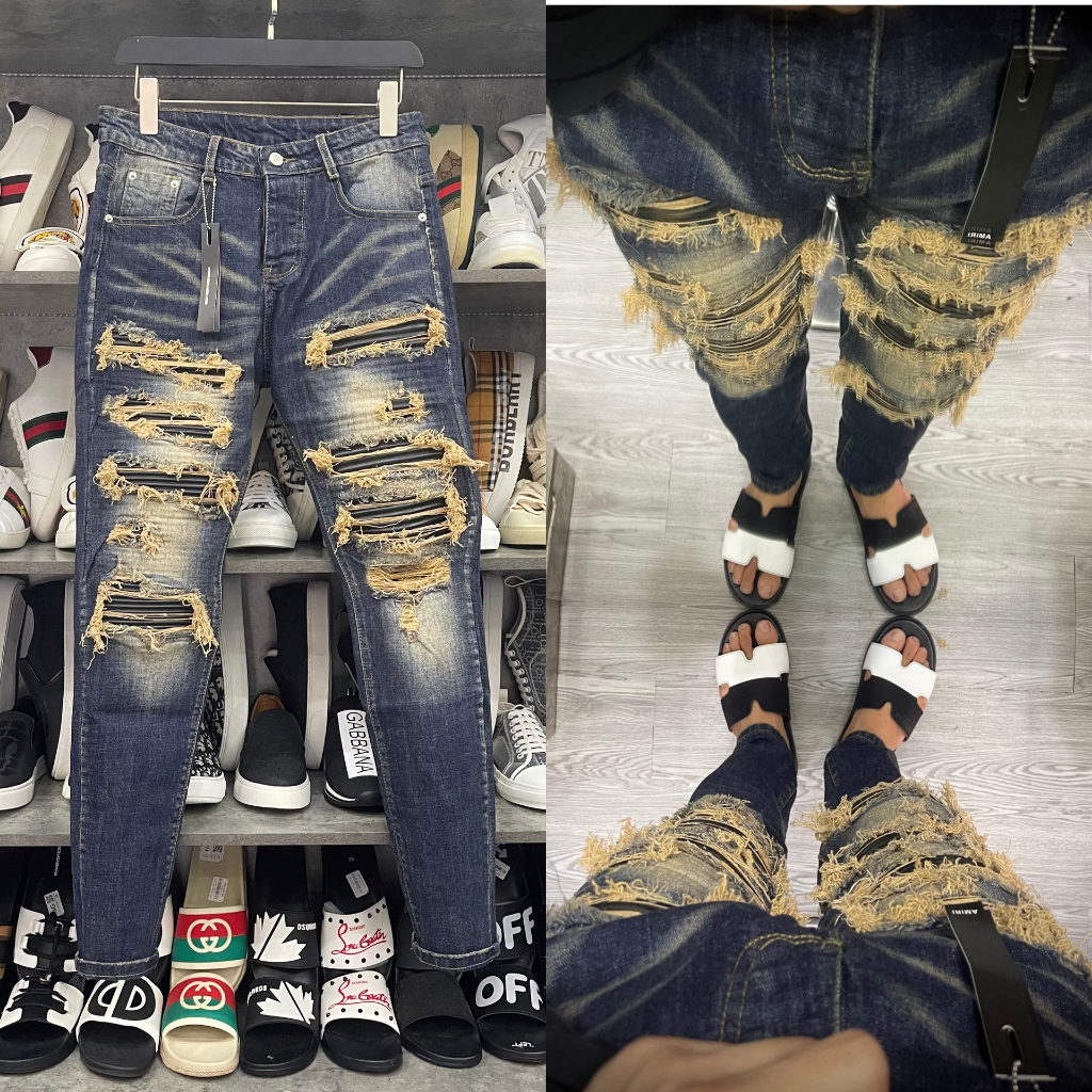 Men's Amiri skinny jeans, dark blue, washed, torn with yellow ruffles ...