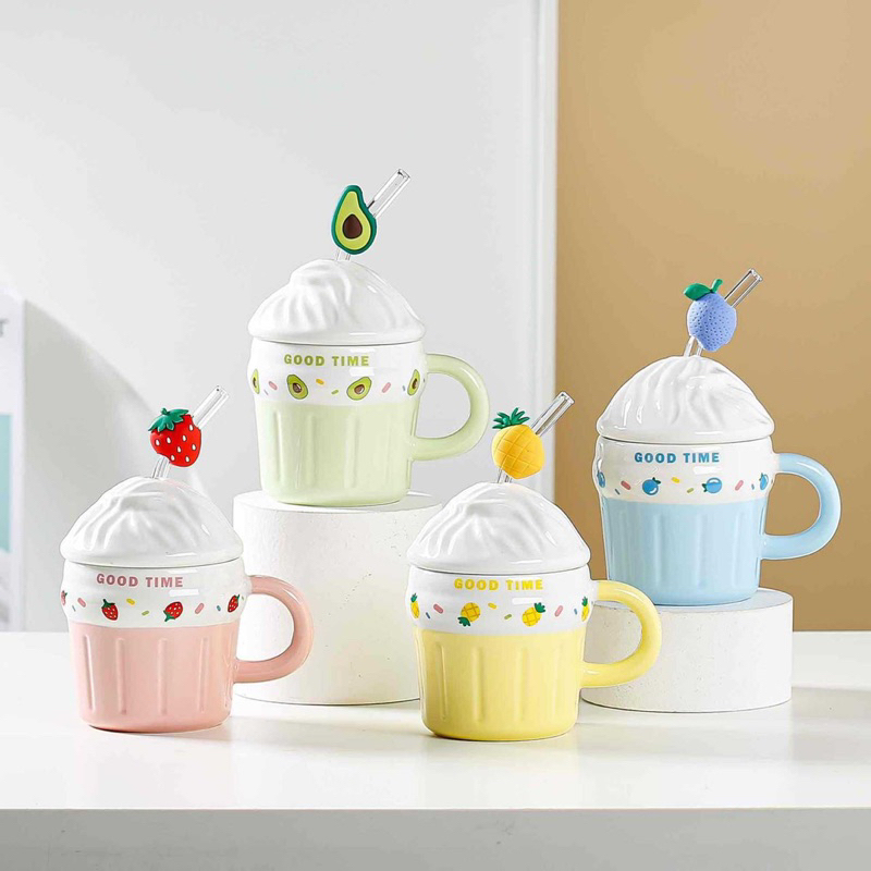 Ceramic drinking cup with lid and glass straw shaped like strawberry ...