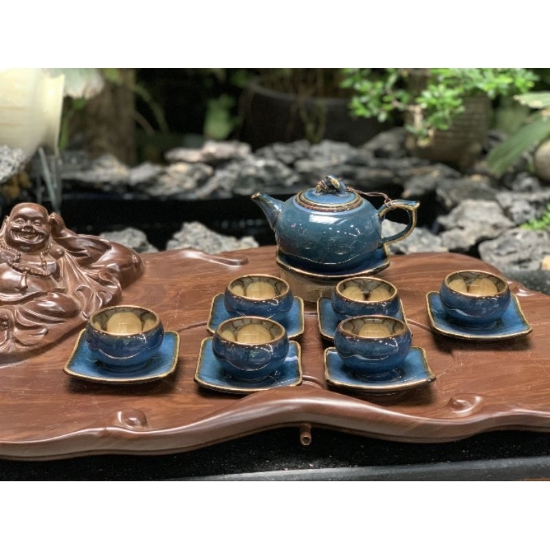 (GOLD PAINTING) Bat Trang teapot painted with gold, fire enamel tea set ...