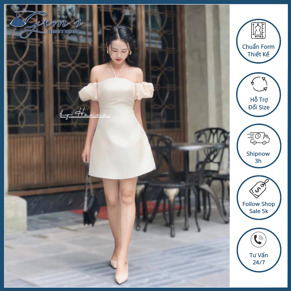 Off-shoulder Collar Dress with Puff Sleeves (with built-in chest pad ...