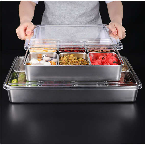 Stainless steel food tray set with transparent plastic lid | Shopee ...