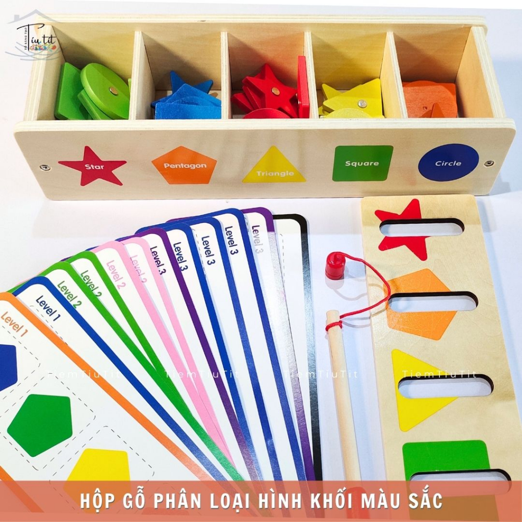 Color and shape sorting toy (Wooden box with logical thinking materials ...