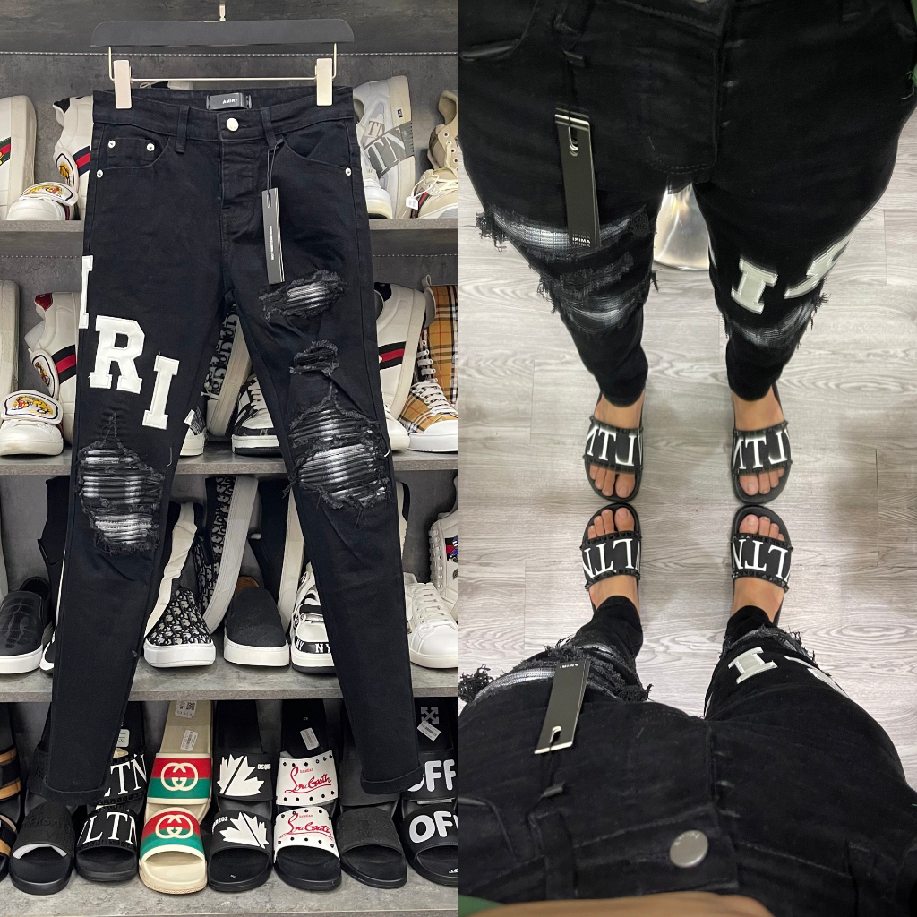 Amiri skinny men's jeans are scratched thighs with black and white ...