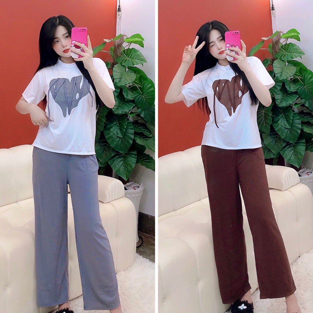 Loose-fitting wide-leg outfit with ribbed elastic pants and loose ...