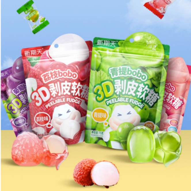 Bobo 3D Peeled Fruit Gummy Candy 75gr 4 Flavors Peach, Lychee, Apple ...