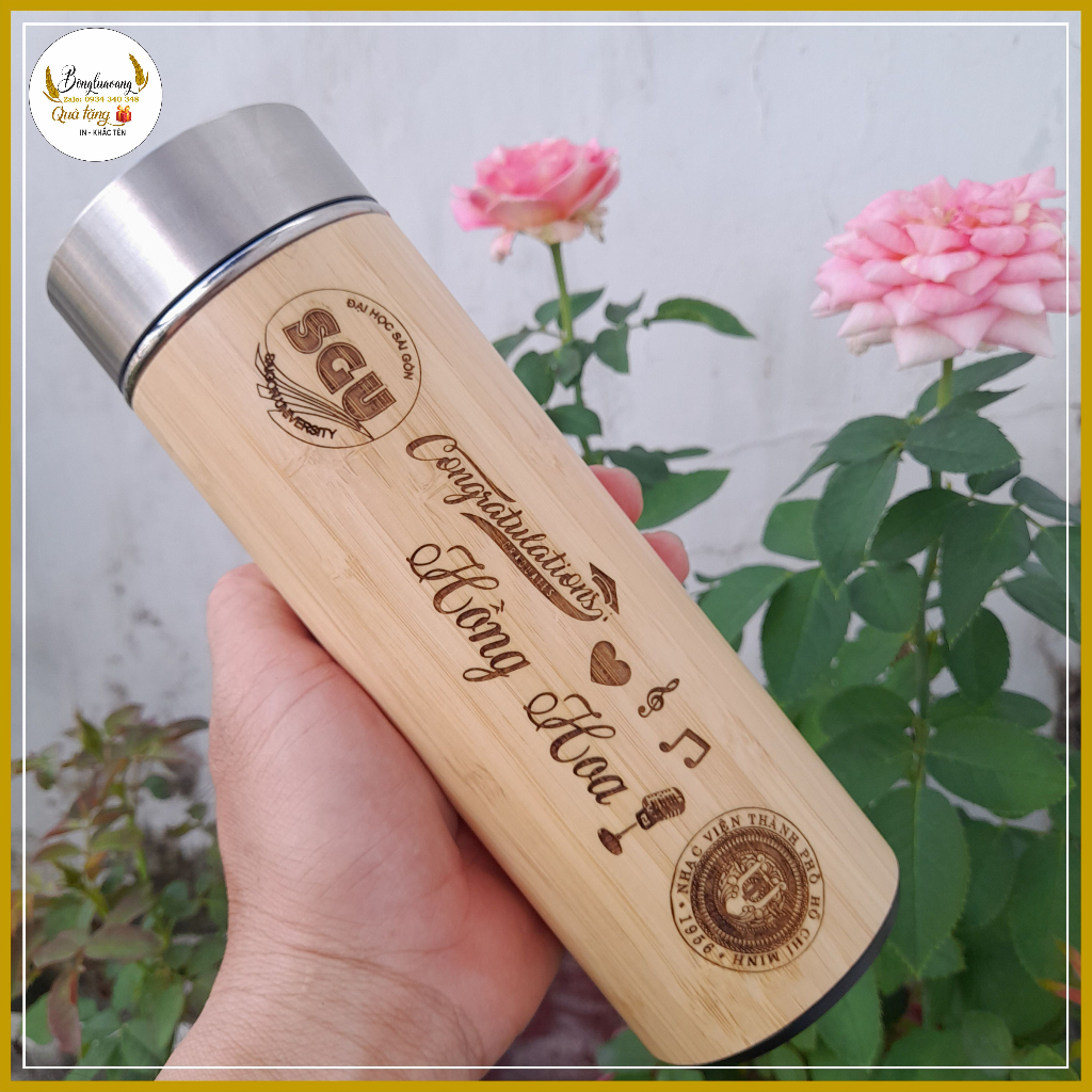 Bamboo shell thermos, stainless steel core. Engrave names, logos ...