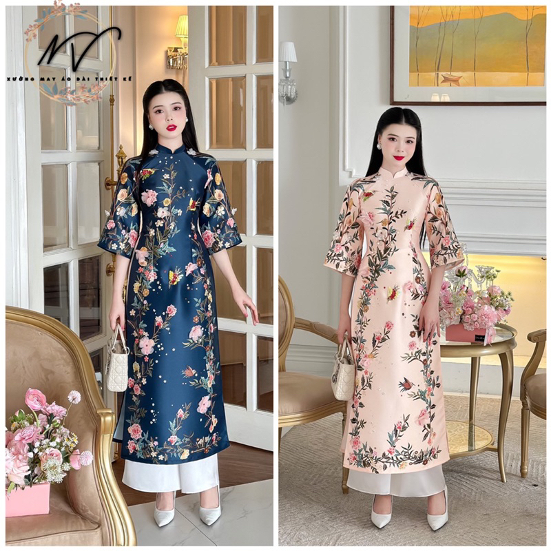 Innovative Ao Dai CNY Hoa Xuan 2 Charcoal Blue And Luxury Cream For 6D ...