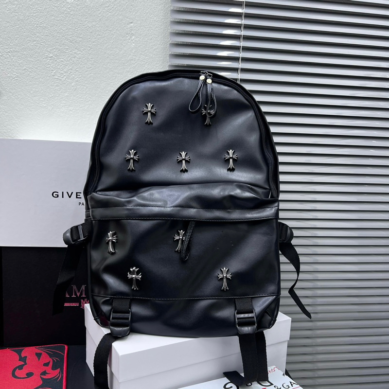 Chrome Hearts men's and women's school backpack Glossy Pu black leather ...