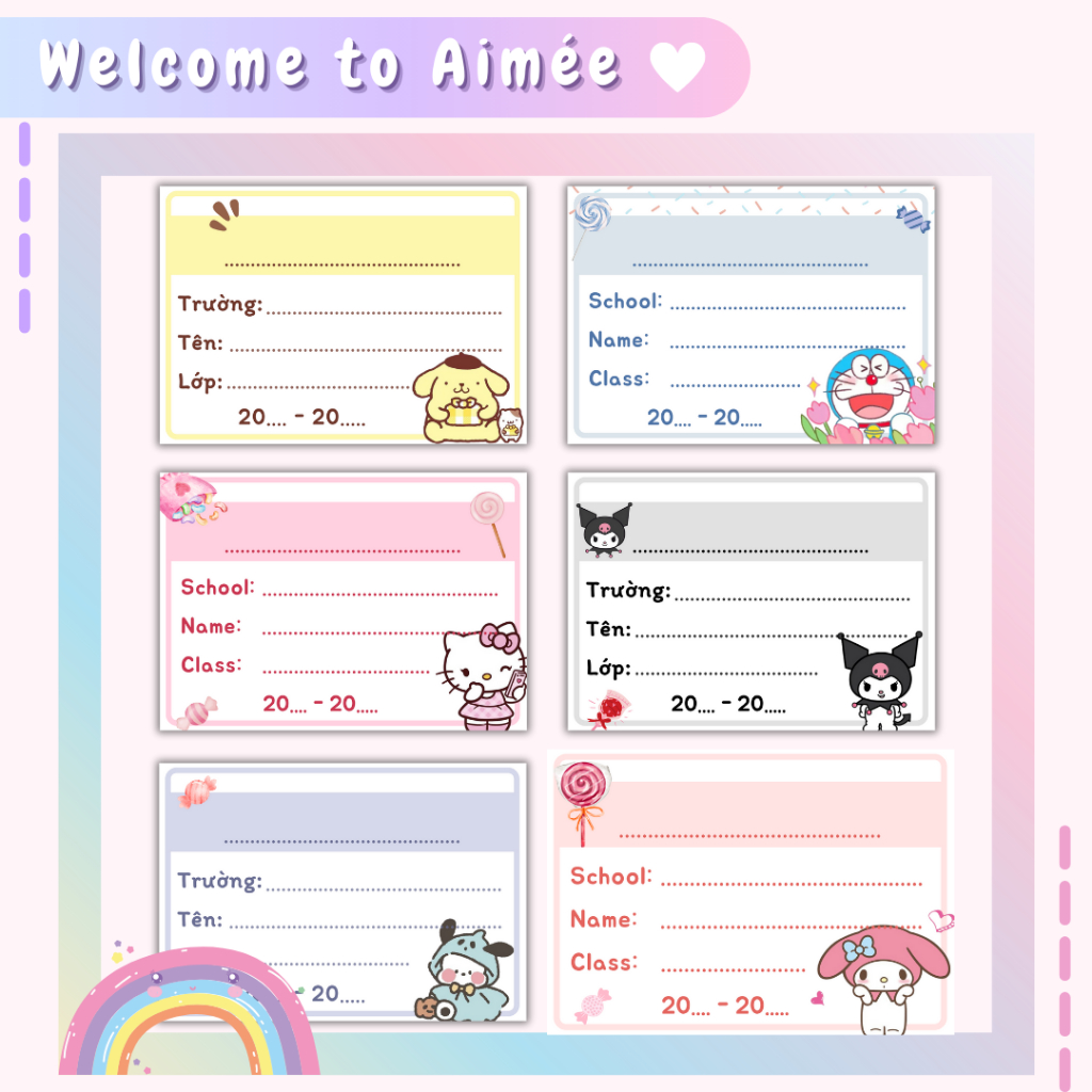 Set of 12 cute cartoon notebook labels kuromi, doraemon, hello kitty ...