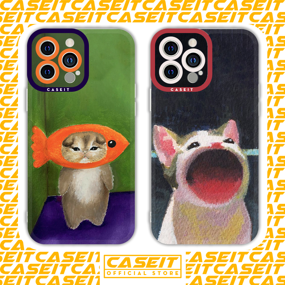 Caseit square edge iphone case Oil painting cat meme cute art aesthetic ...