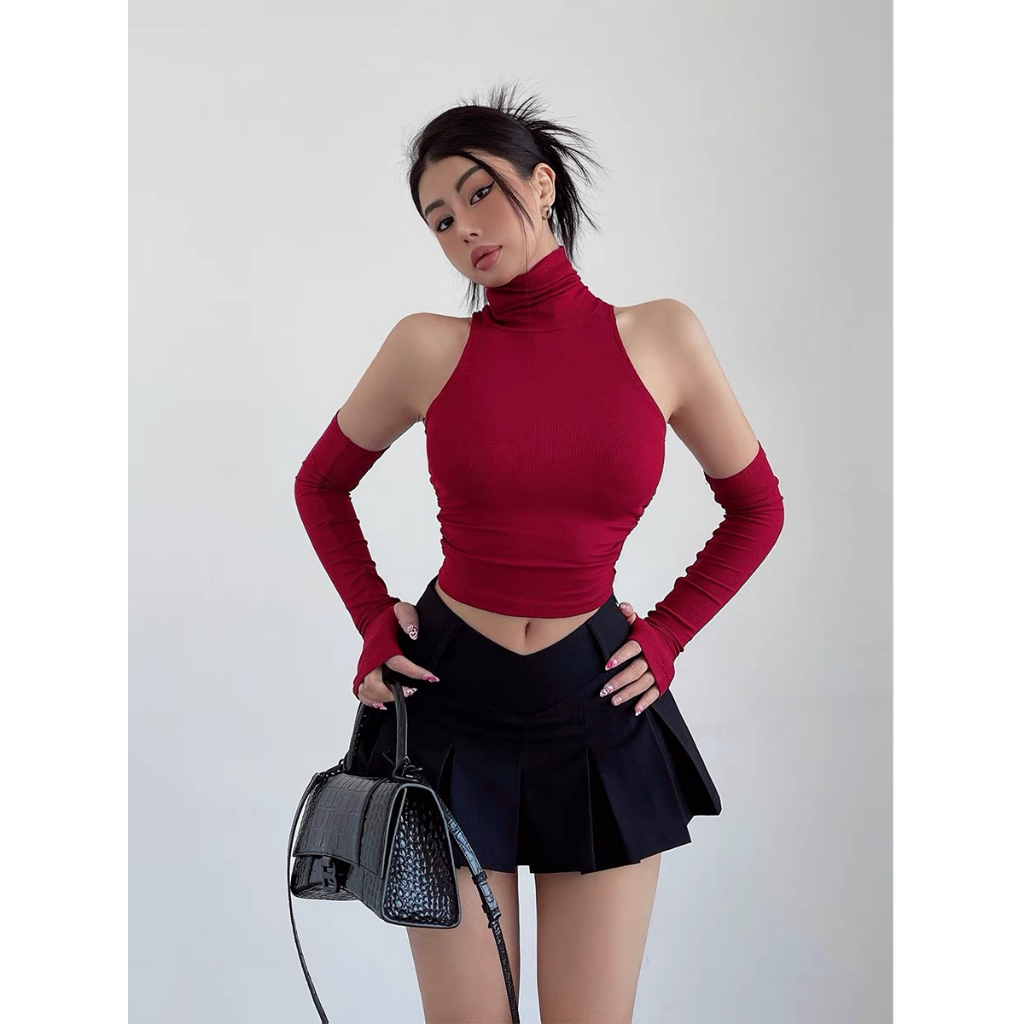 Shirt Sleeveless Turtle neck with loose sleeves, sexy body-hugging crop ...