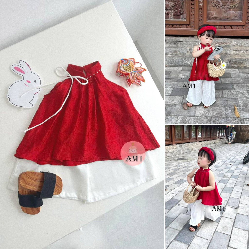 Red brocade children's clothing set with jade collar TB375 Cute baby ...