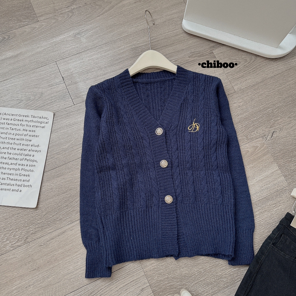 Heart-neck cardigan with embroidered logo, navi blue heart-neck ...
