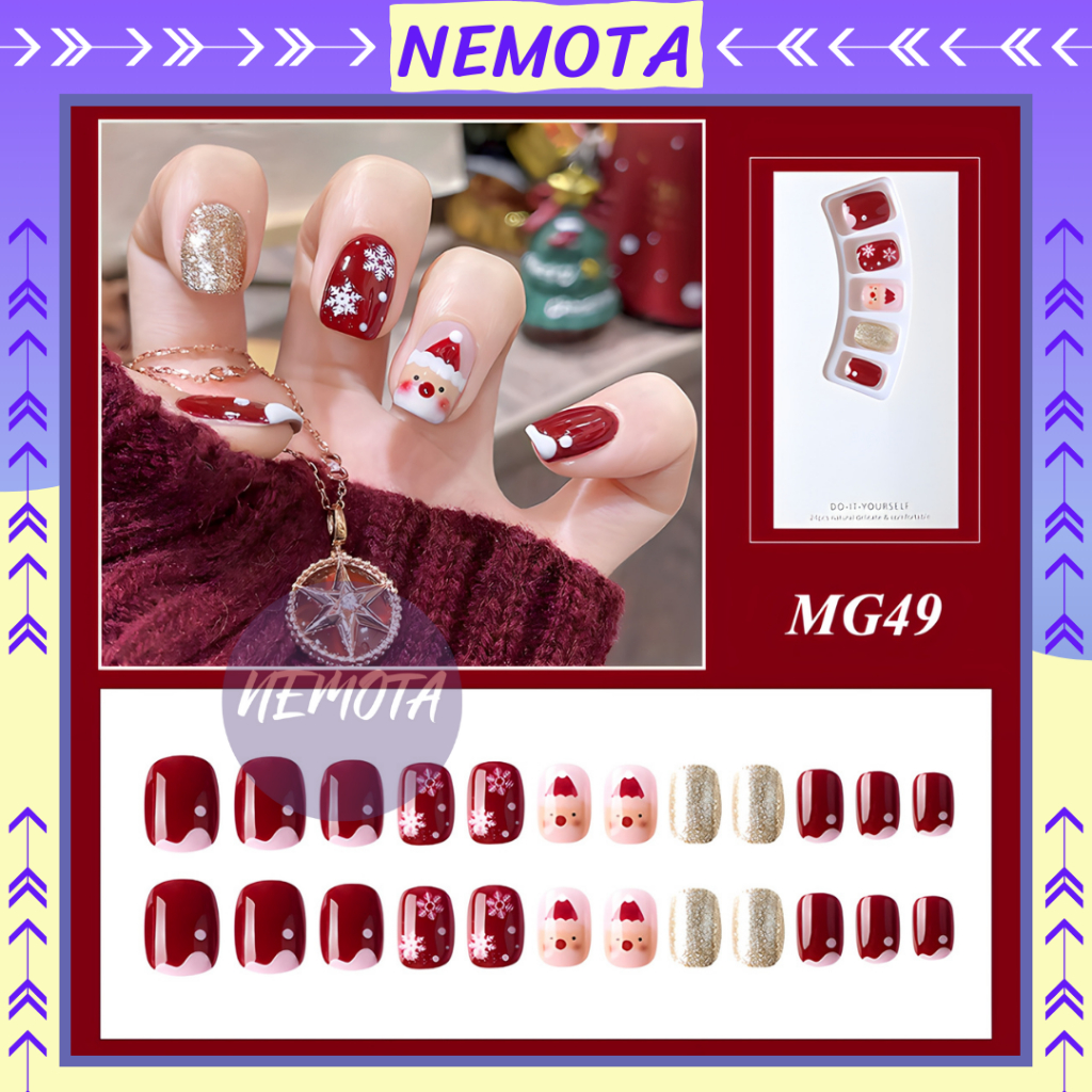 Set of 24 Nemota nail box fake hands in wine red with Christmas motifs ...
