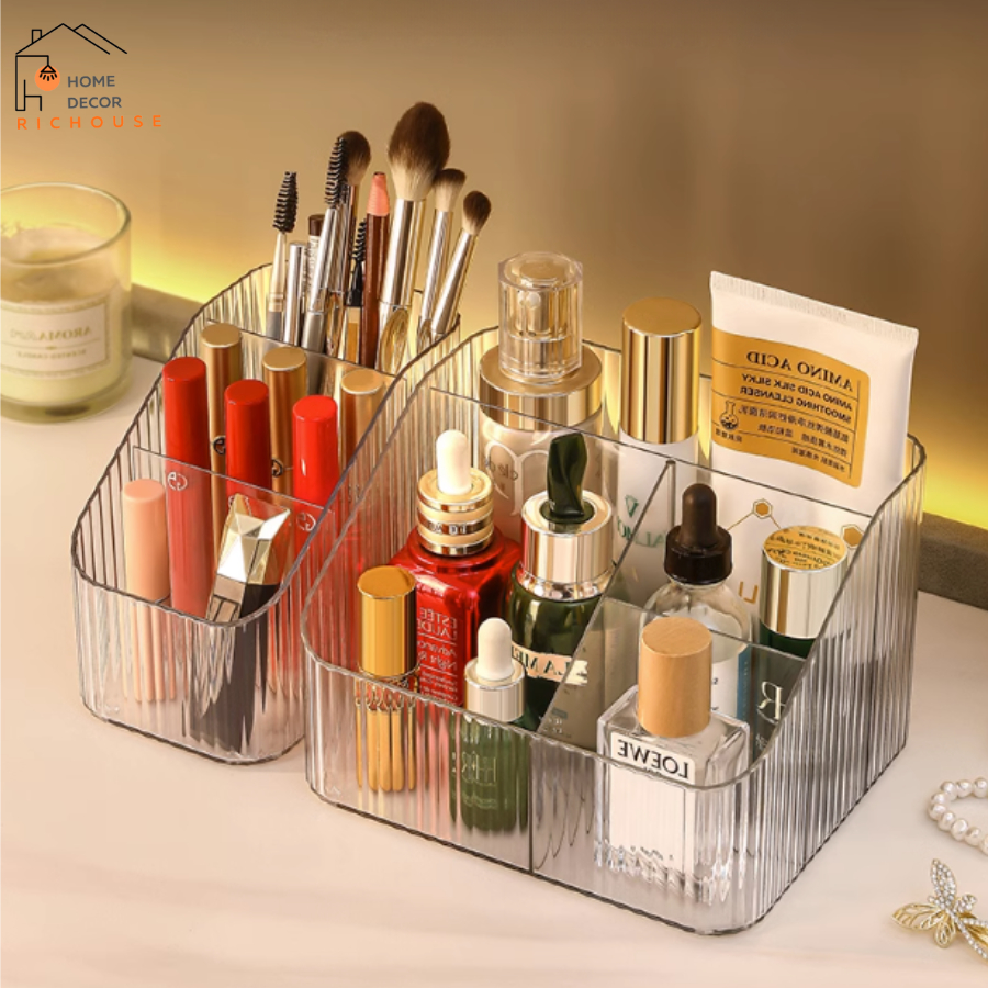 Transparent desktop cosmetic box with multi-purpose compartments and ...