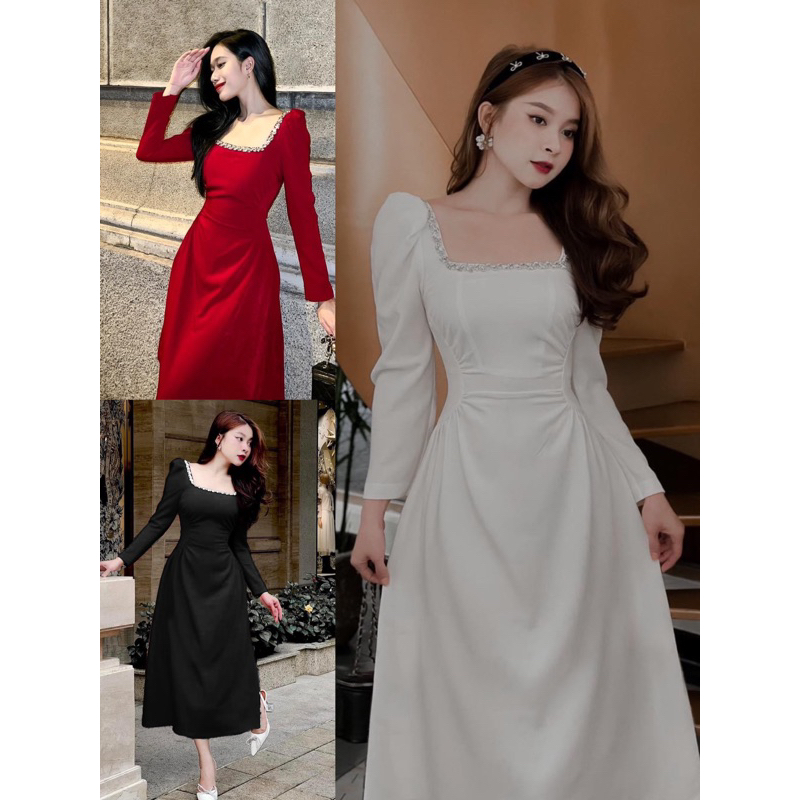 Square-neck Party Dress maxi Shape With Stone Edges | Shopee Malaysia