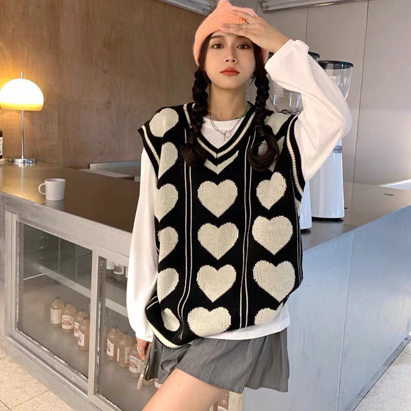 Pink V-Neck Woven Gile Sweater with Heart Pattern Korean and Japanese ...