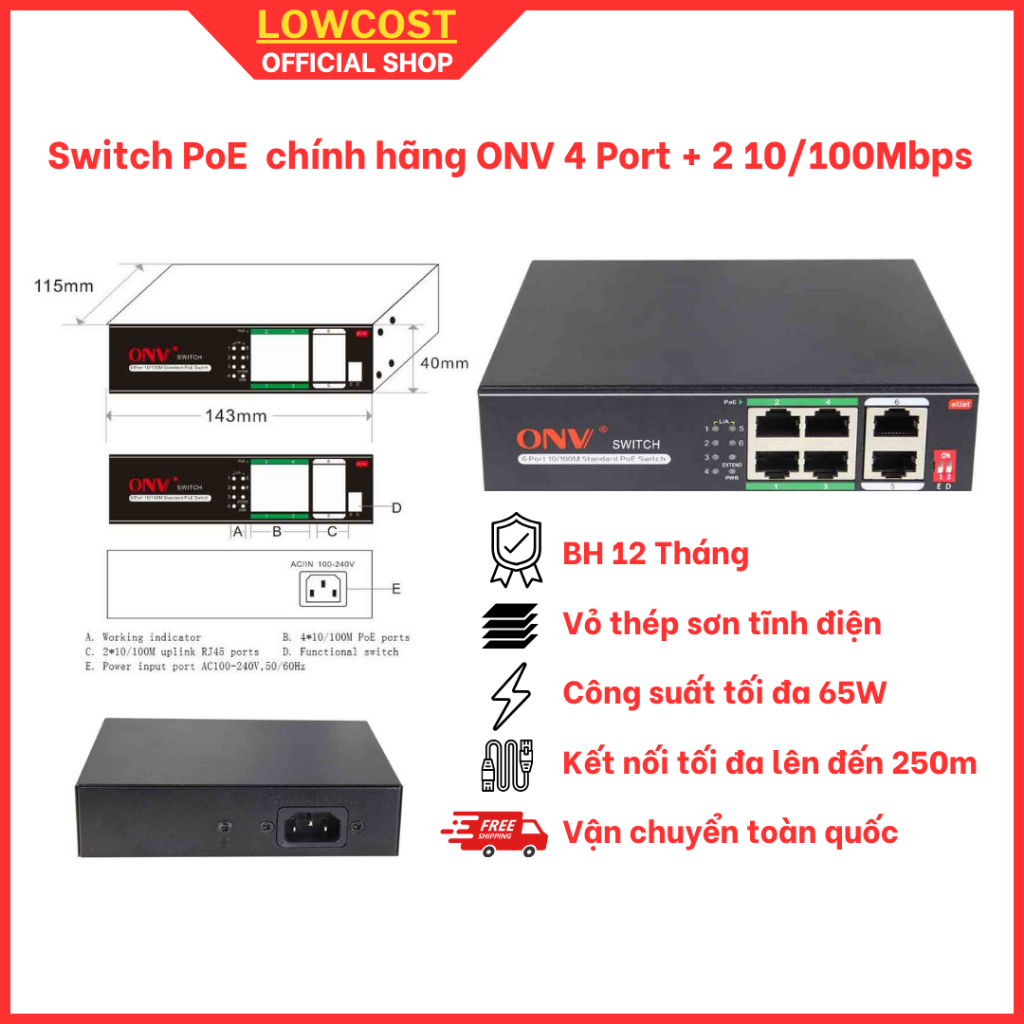 Genuine ONV PoE Switch network Switch 4 ports + 2 Uplink ports Model ...