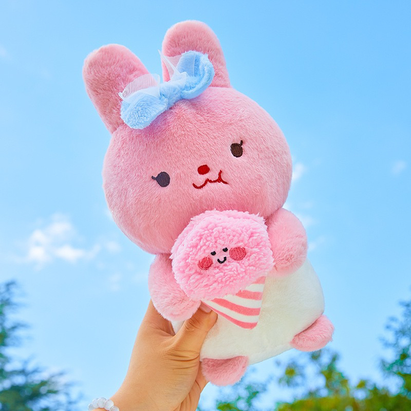 Pink Rabbit Teddy Bear Holding Ice Cream - Cute Teddy Bear Wearing Bow ...