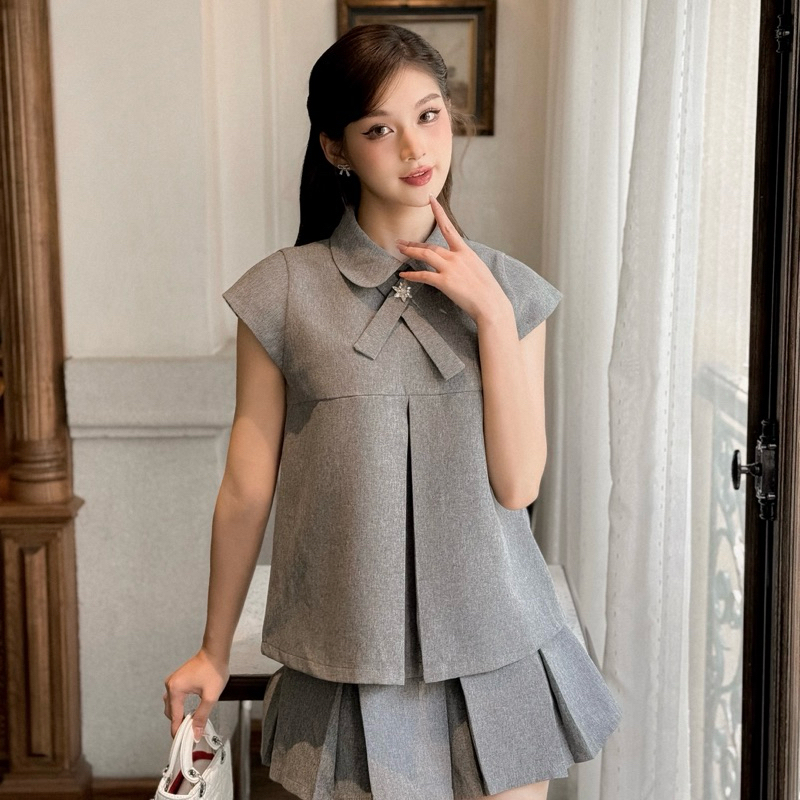 Lagom - Lotus collar + pleated skirt SET (COLLINS SET) | Shopee Malaysia