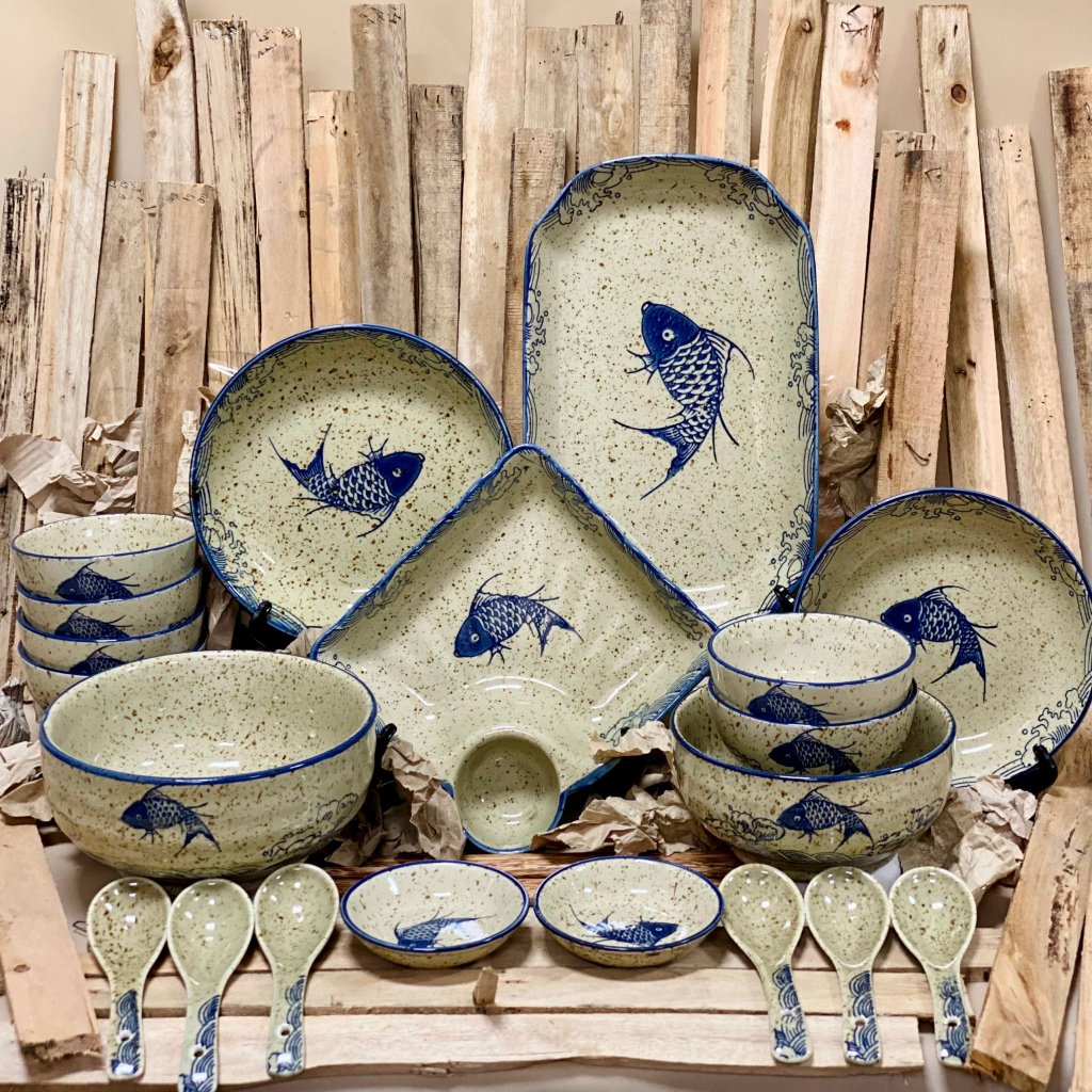 Separate Miu Decor Ceramic Dinnerware Set with Japanese Fish Pattern ...