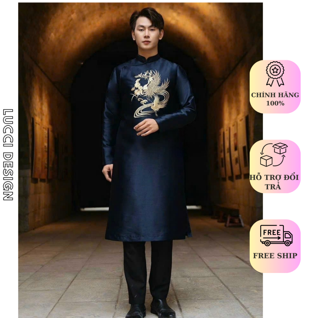 Masculine black and blue nam Hoang ao dai, high-end designed ao dai for ...