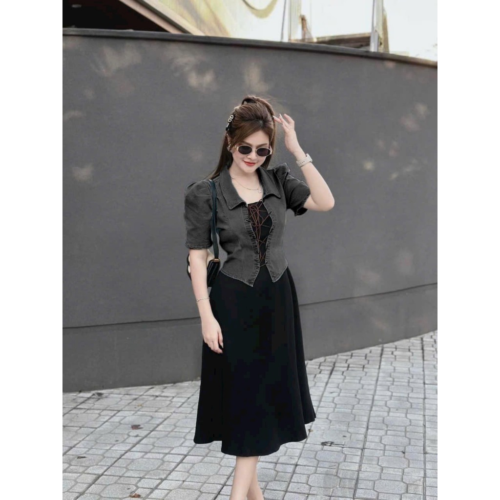 Midi mid-rib dress with 2 straps mixed Jacket Jean is luxurious ...